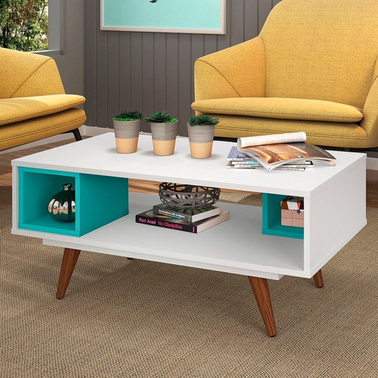 Mesa de Centro Retangular Retrô 45 Olivar Branco/Turquesa em Mesas de ...