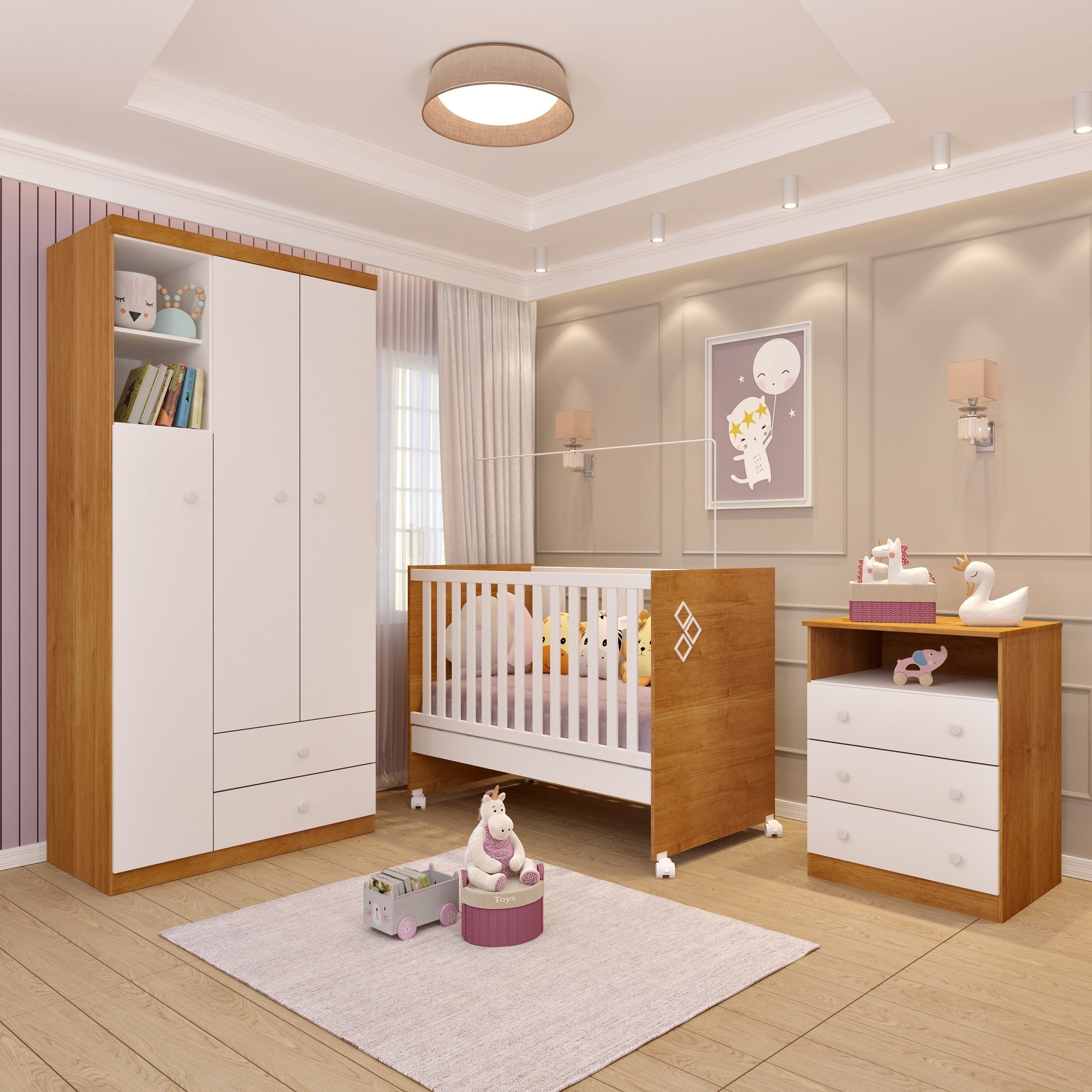 Quarto de Bebê Completo com Berço 3 em 1 Guarda Roupa 3 Portas 2 ...