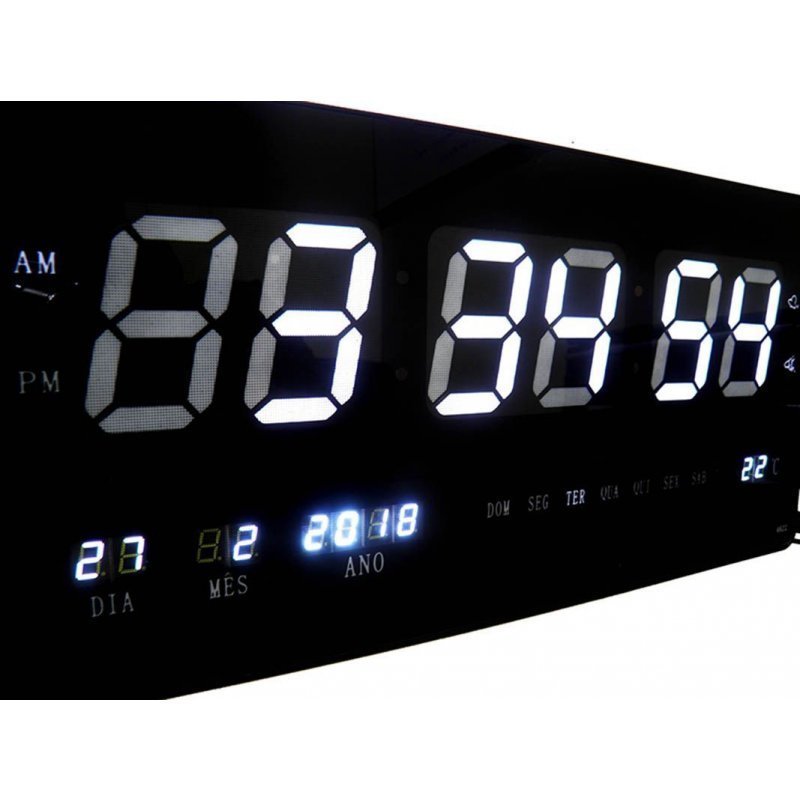 Relógio Digital Parede Grande Com Led Branco Alarme Hora Data ...