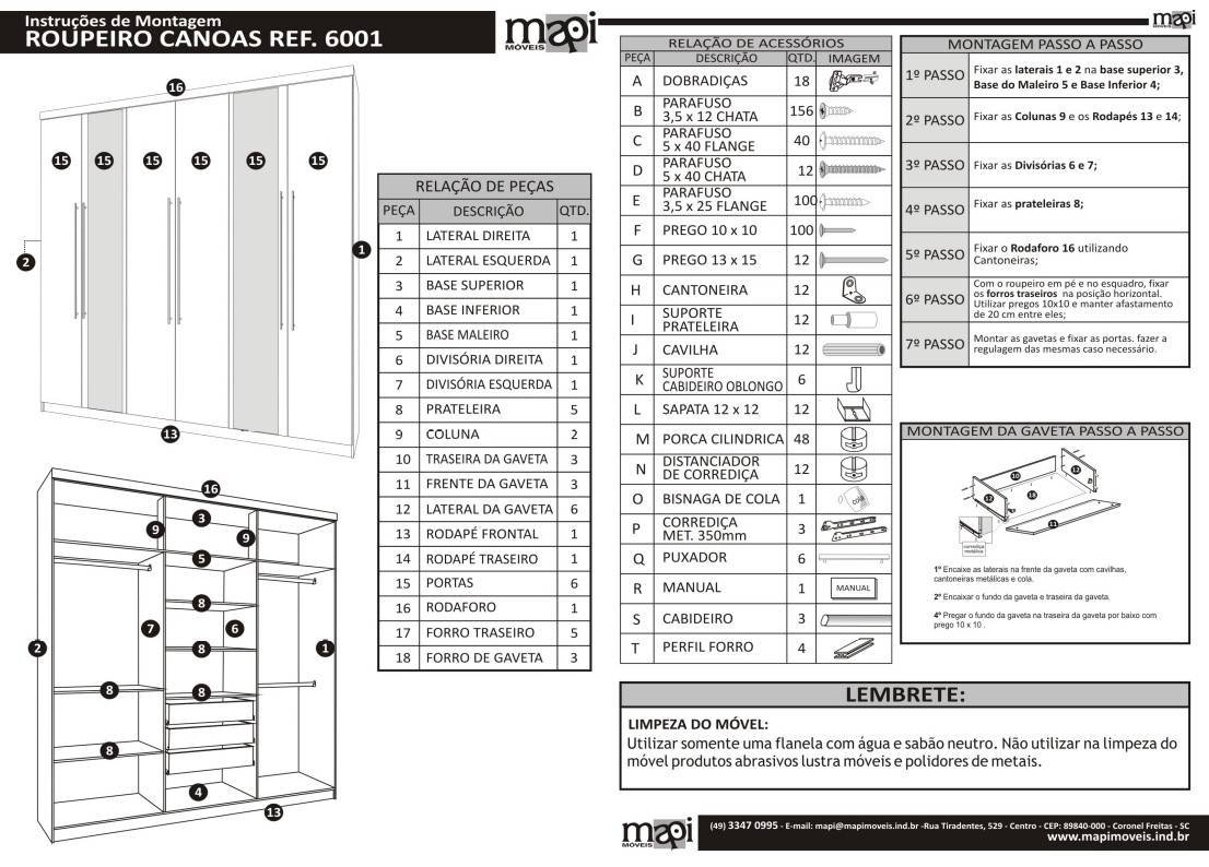 Guarda Roupa Casal com Espelho 6 Portas 3 Gavetas Canoas Mapi Móveis ...